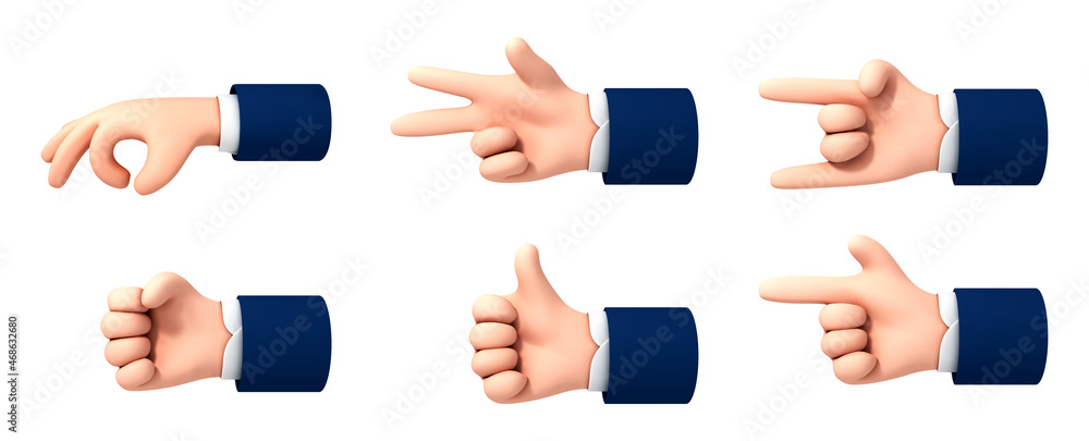 Set of cartoon 3d hands. Vector cartoon hand gestures isolated on white background. Stock Vector ...