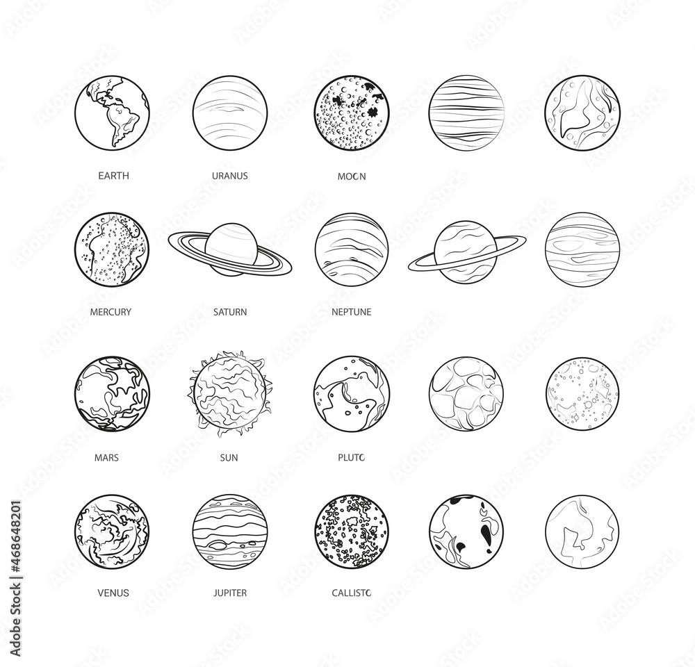 Collection of linear planets. Sketch style icons. Stock Vector | Adobe ...