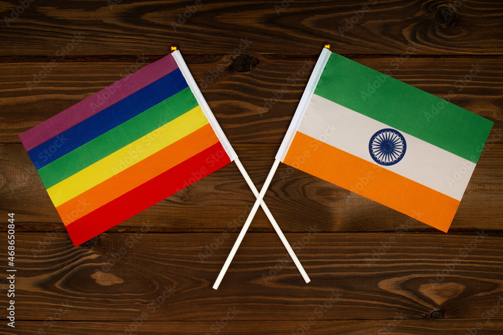 Rainbow flag LGBT and flag of India on beautiful brown background with ...