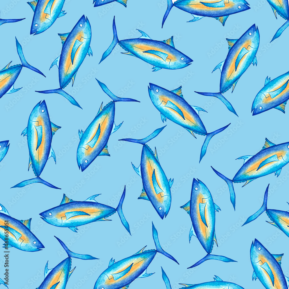 Seamless pattern with bluefin tuna. Sea fish. Watercolor illustration ...