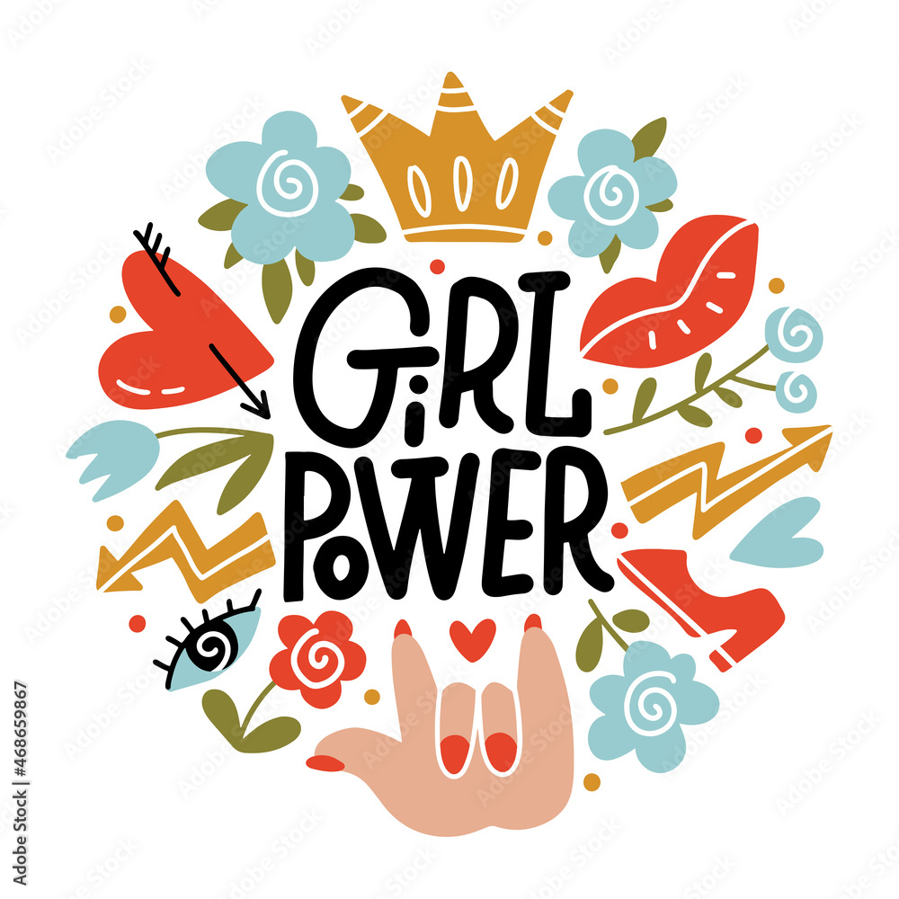 Girl power - vector hand drawn lettering concept with female symbols in ...