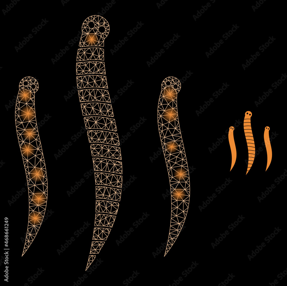 Glossy polygonal mesh web worms icon with glare effect on a black ...