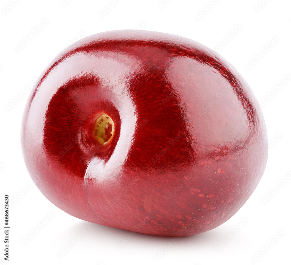 Single ripe cherry without stem isolated on white background with ...
