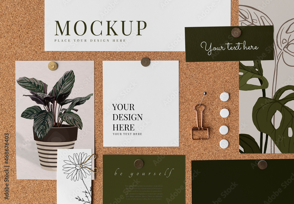 Memo Papers Mockup on Corkboard Stock Template | Adobe Stock