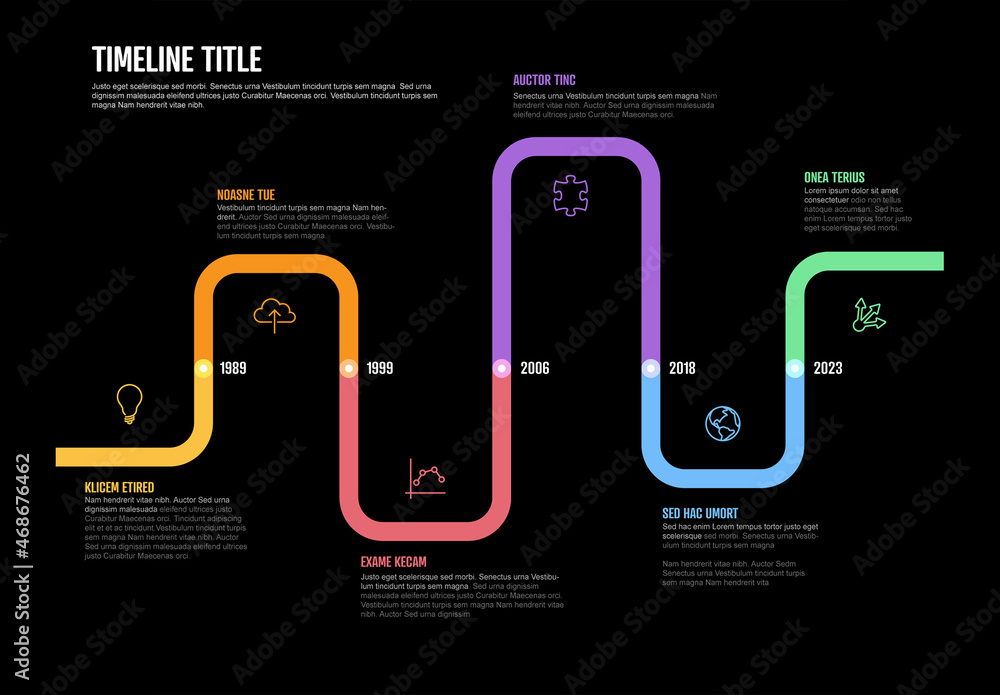 Dark Infographic Company Milestones Curved Thick Line Timeline Layout ...