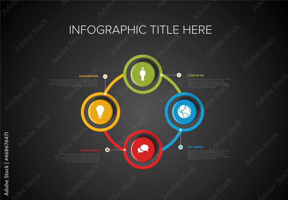 Simple Infographic with Four 3D Circle Icon Elements on Black ...