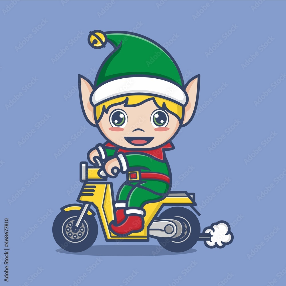 cute cartoon christmas elf riding a motorbike. vector illustration for ...