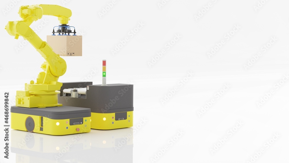 AGV (Automated guided vehicle) with handling robot is picking carton on ...