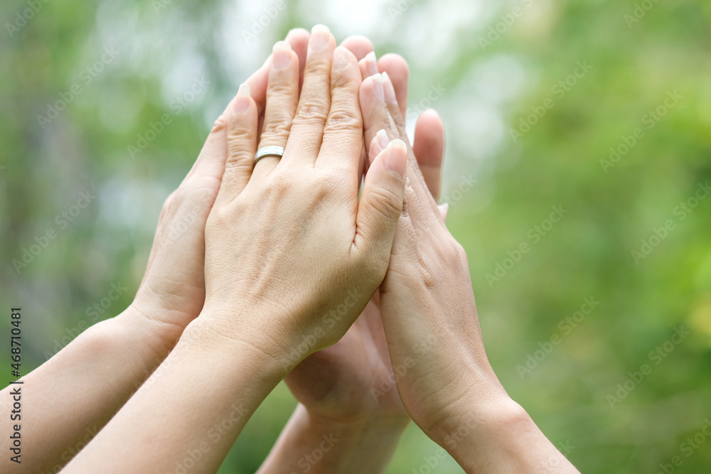 hand up of people working assemble corporate meeting show symbol Join ...
