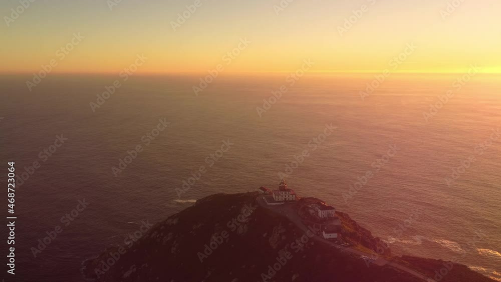 Aerial sunset view of Cape Finisterre Lighthouse the end of the earth ...