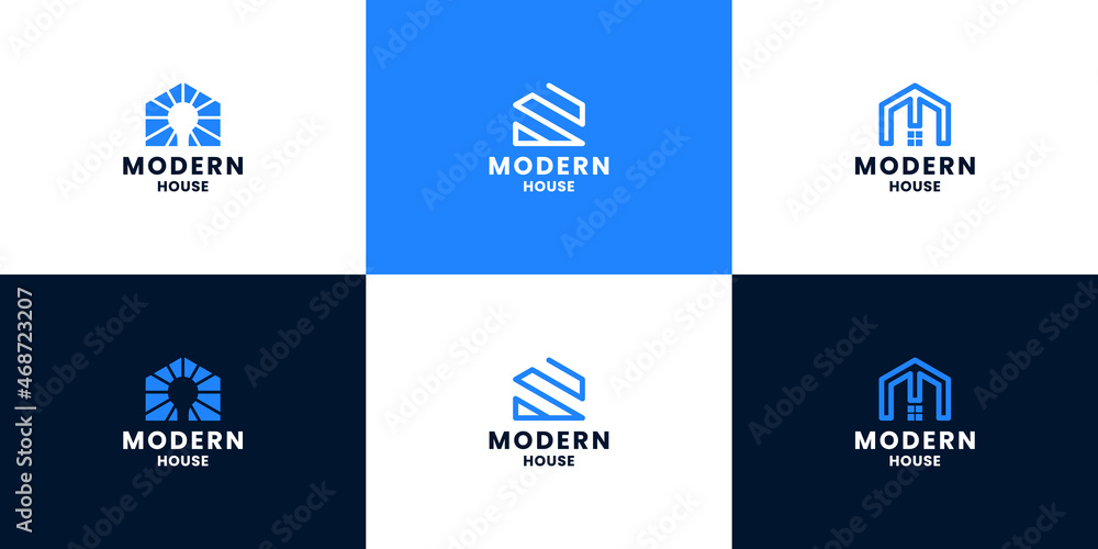 set of minimalist modern house logo design with line art style and ...