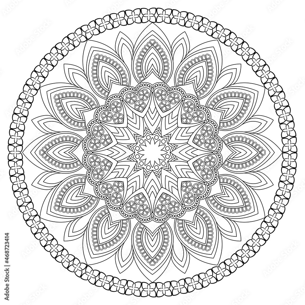 Geometric flower. Contour drawing of a mandala on a white background ...