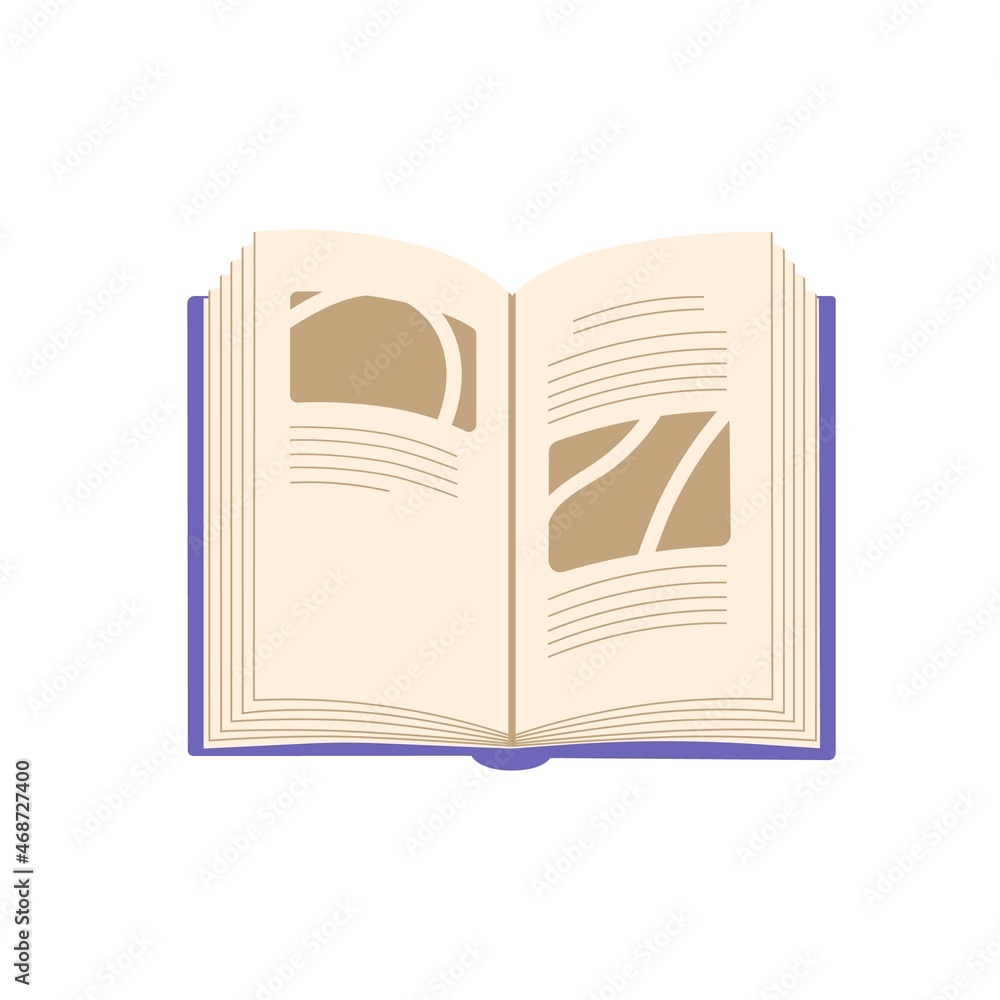 Open paper book. Pages of school encyclopedia with abstract text and ...
