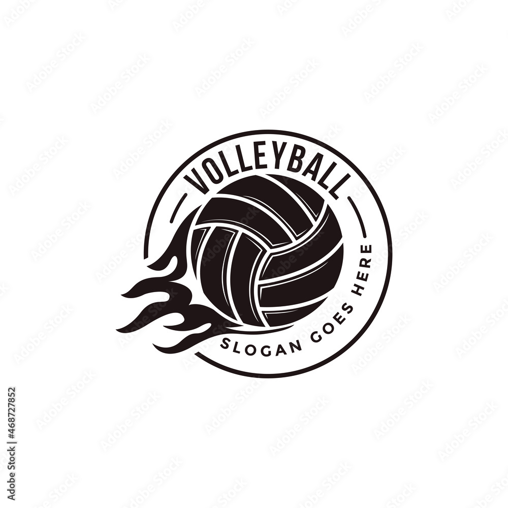 Vintage badge emblem volley club, tournament, fire and volleyball logo ...