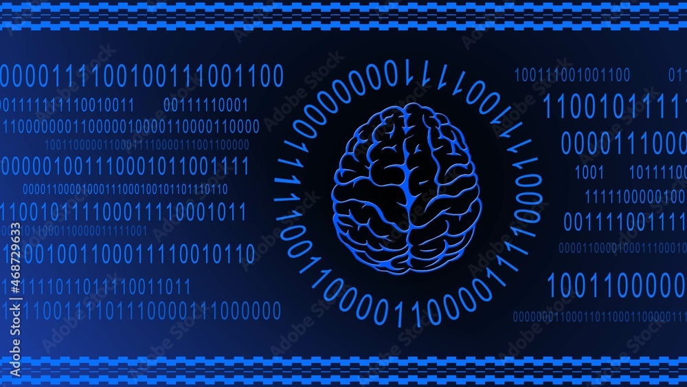 Brain symbol centered in a ring of binary code on blue digital ...