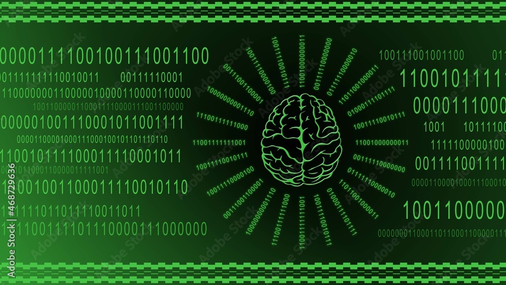 Brain Symbol Centered In Rays Of Binary Code On Green Digital Background Symbolic Of Ai