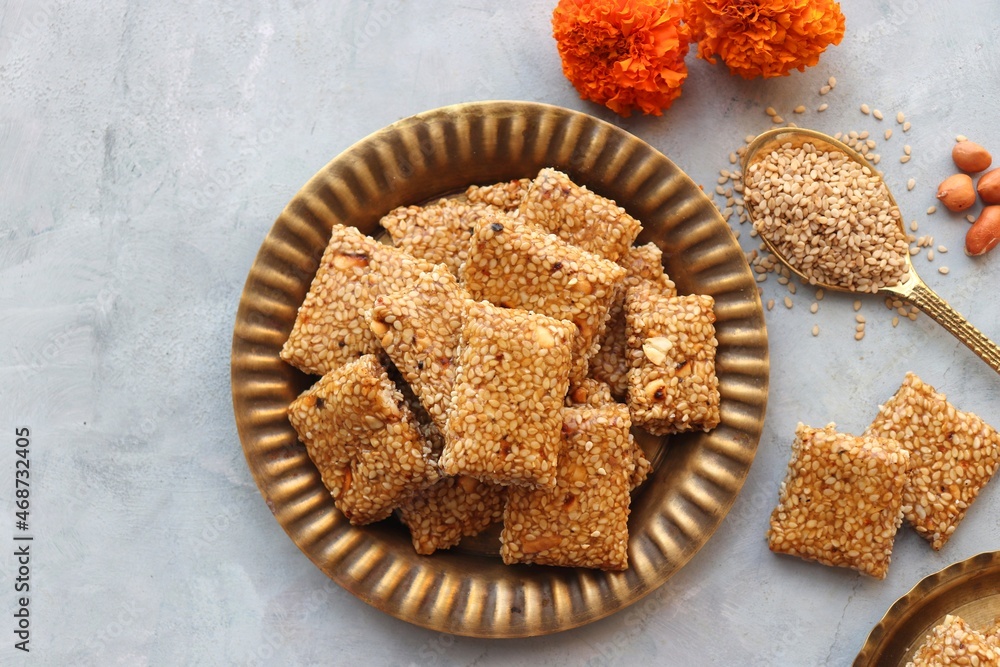 Indian makar sankranti or Lohri festival sweets. Tilgul in a small ...