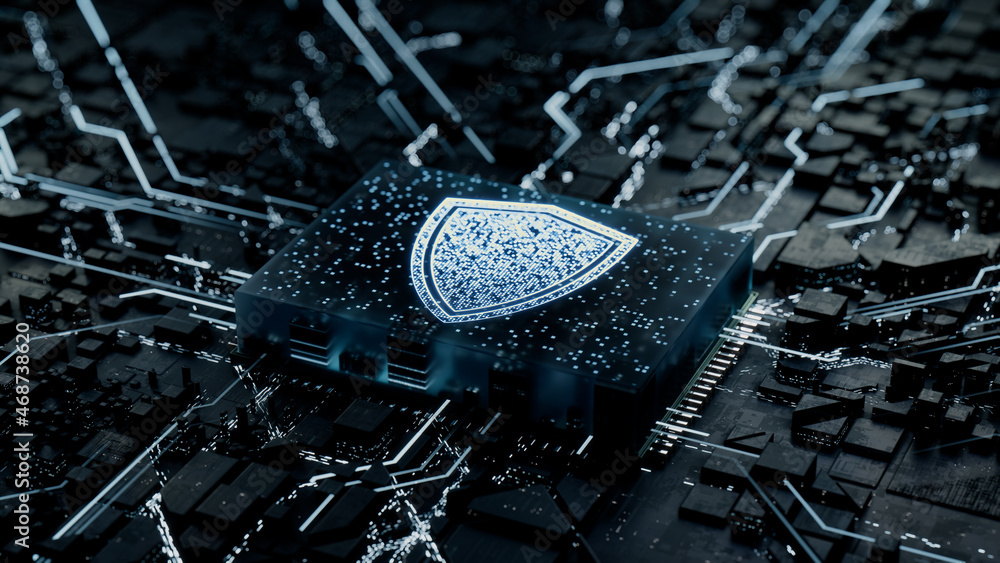Security Technology Concept with shield symbol on a Microchip. Data flows from the CPU across a ...