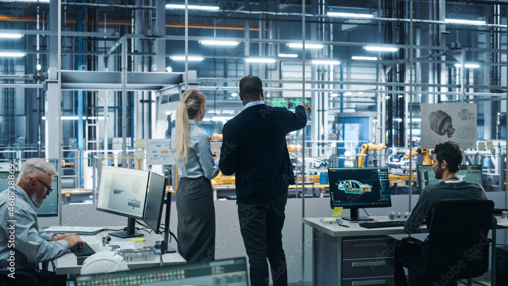 Car Factory Office: Team of Automotive Engineers Working, Talk, Use ...
