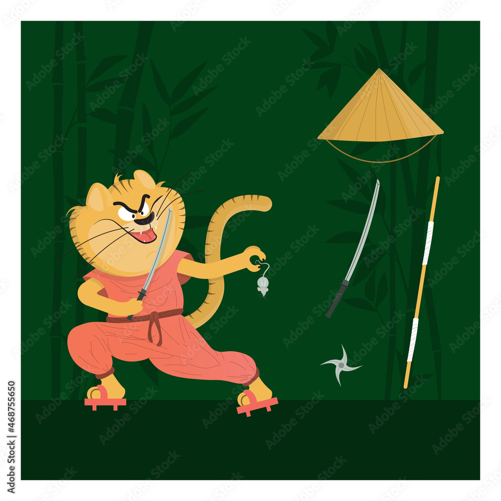Vector illustration of a samurai tiger with samurai attributes. Stick ...