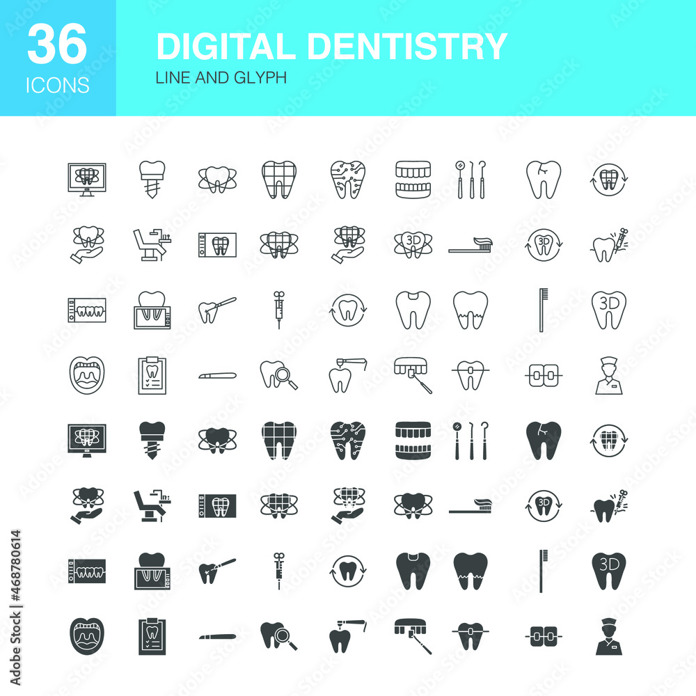 Digital Dentistry Line Web Glyph Icons. Vector Illustration of Dental ...