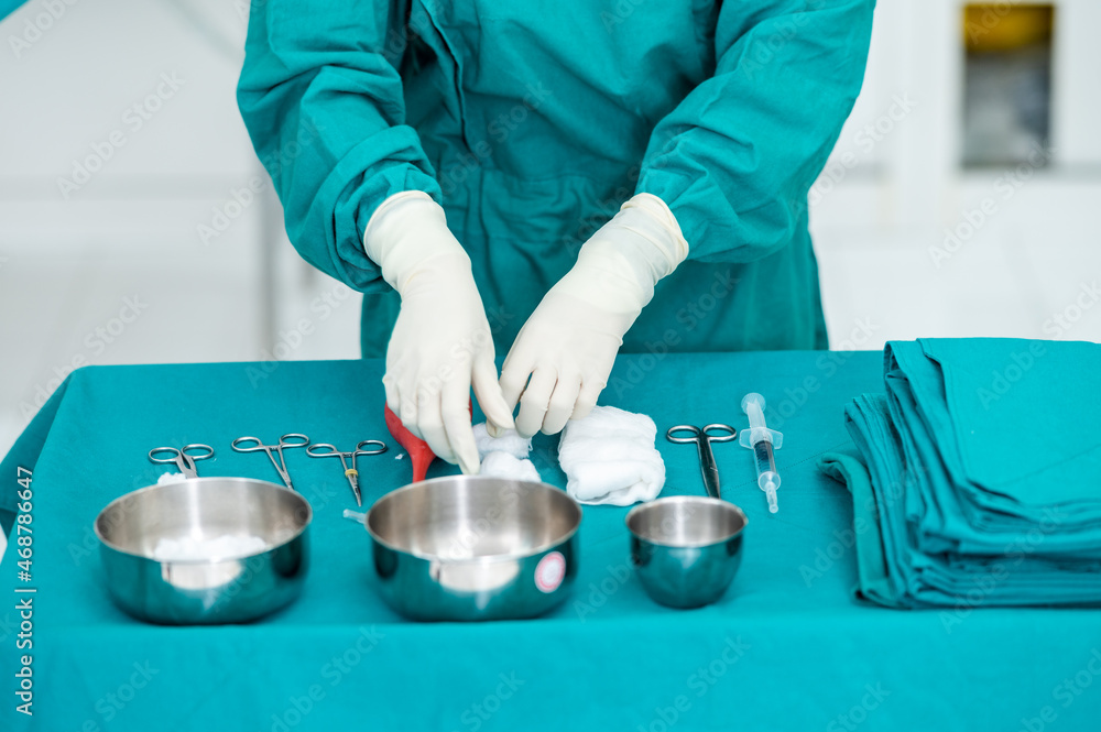 First Aid Kit set of dressing wound instrument on sterile table Stock ...