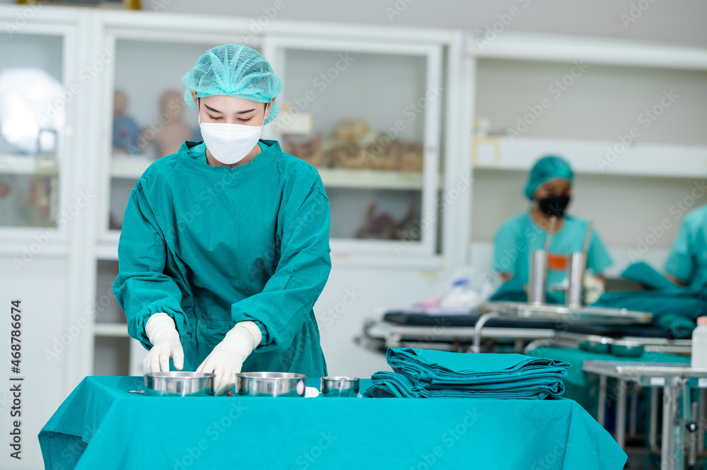 First Aid Kit set of dressing wound instrument on sterile table Stock ...