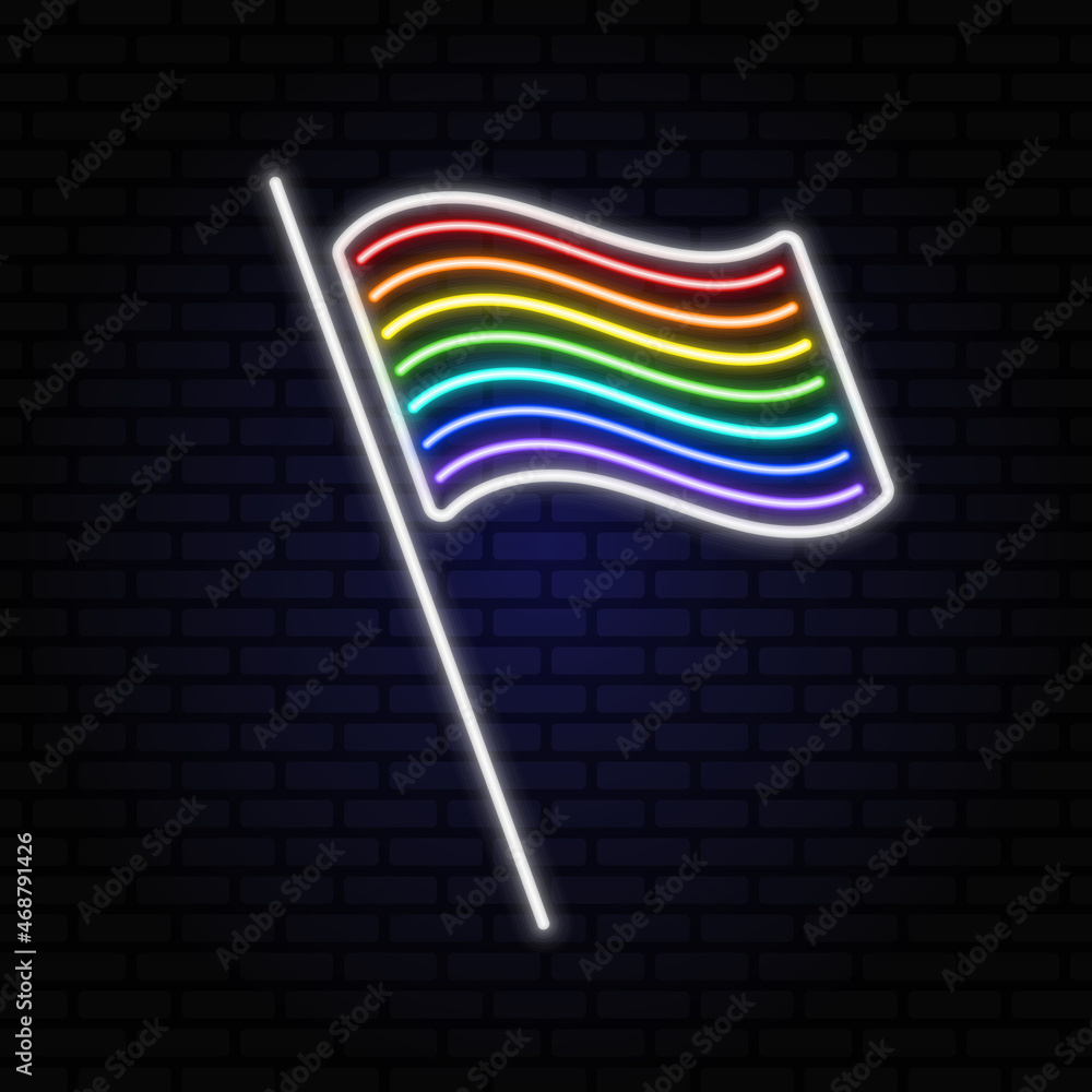 Rainbow colored pride flag. Neon sign on dark brick wall. Vector ...