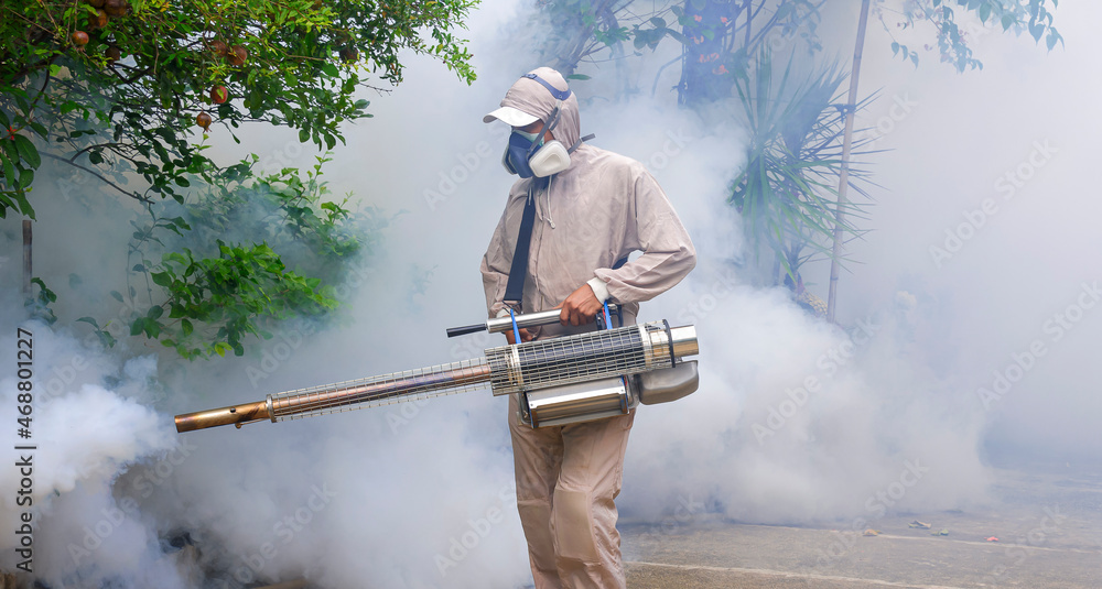 Outdoor healthcare worker using fogging machine spraying chemical to ...