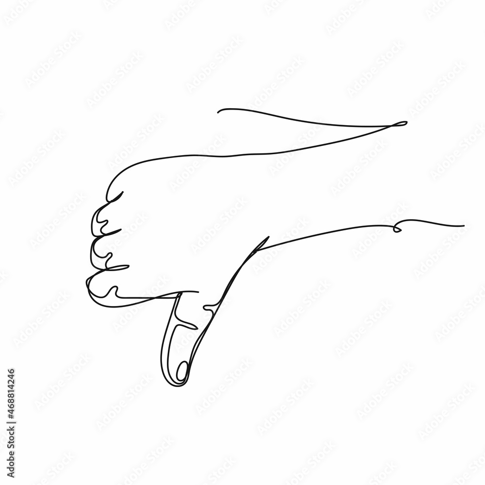 Vector continuous one single line drawing icon of hand thumb down in ...