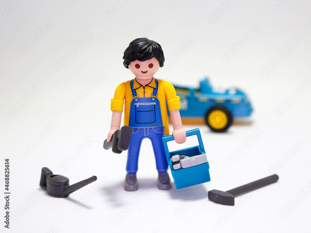 Playmobil doll. Toy. Mechanic. Mechanic with his work tools. Car ...