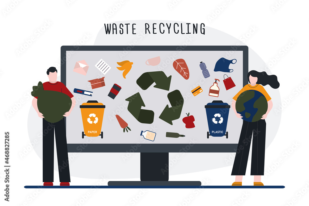 Cartoon people stand in front of computer screen. Humanity appealing ...