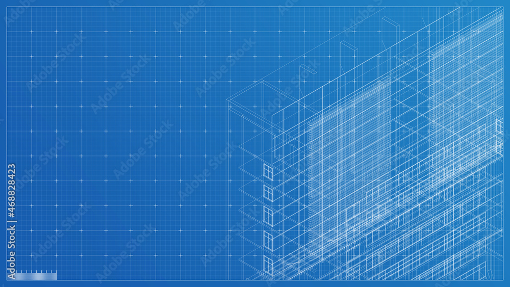 Building Blueprint illustration, 3d blueprint render, engineering ...