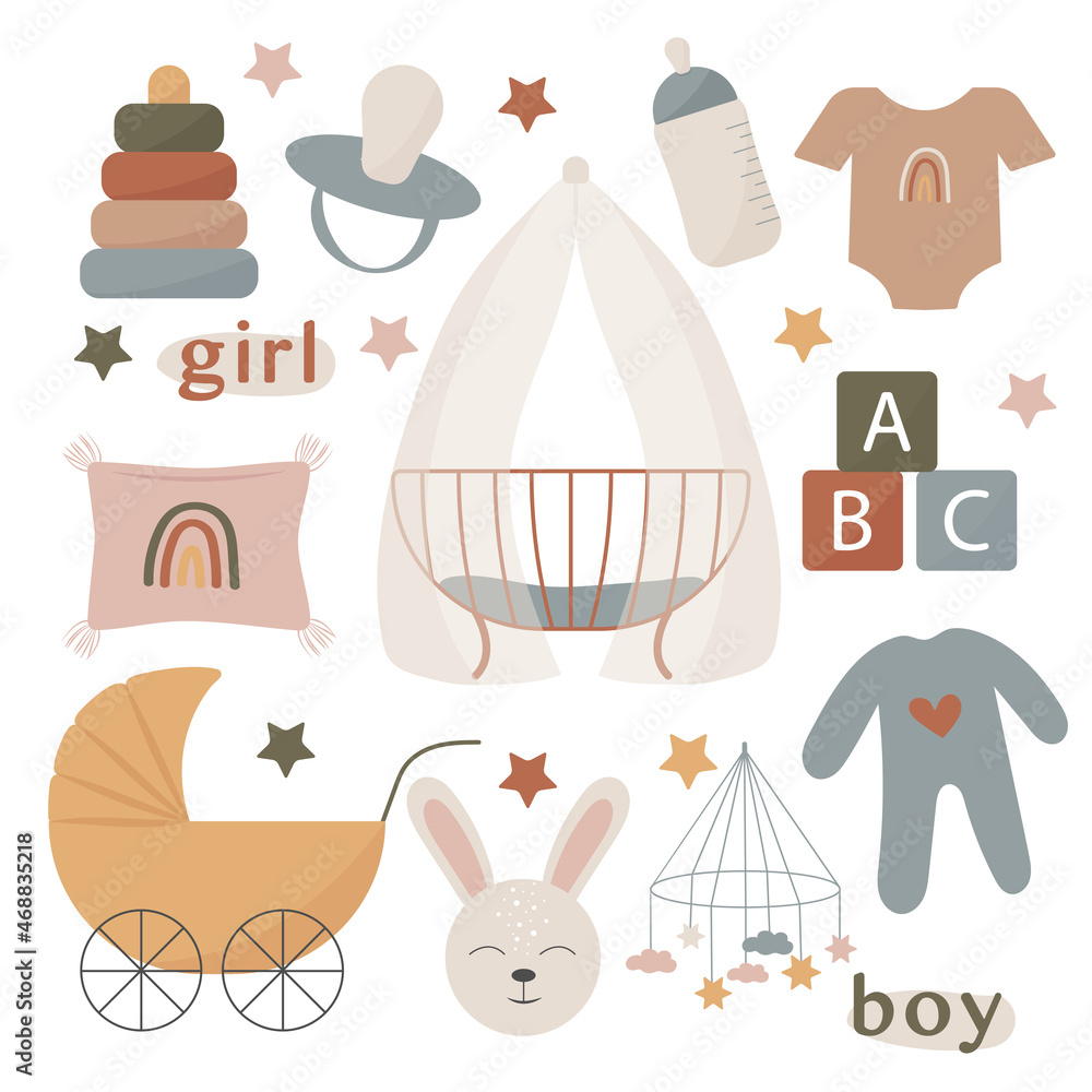 Set of baby elements in boho style vector flat illustration. Clipart ...