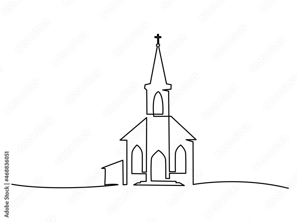 Church building hand drawn. Continuous one line drawing silhouette ...