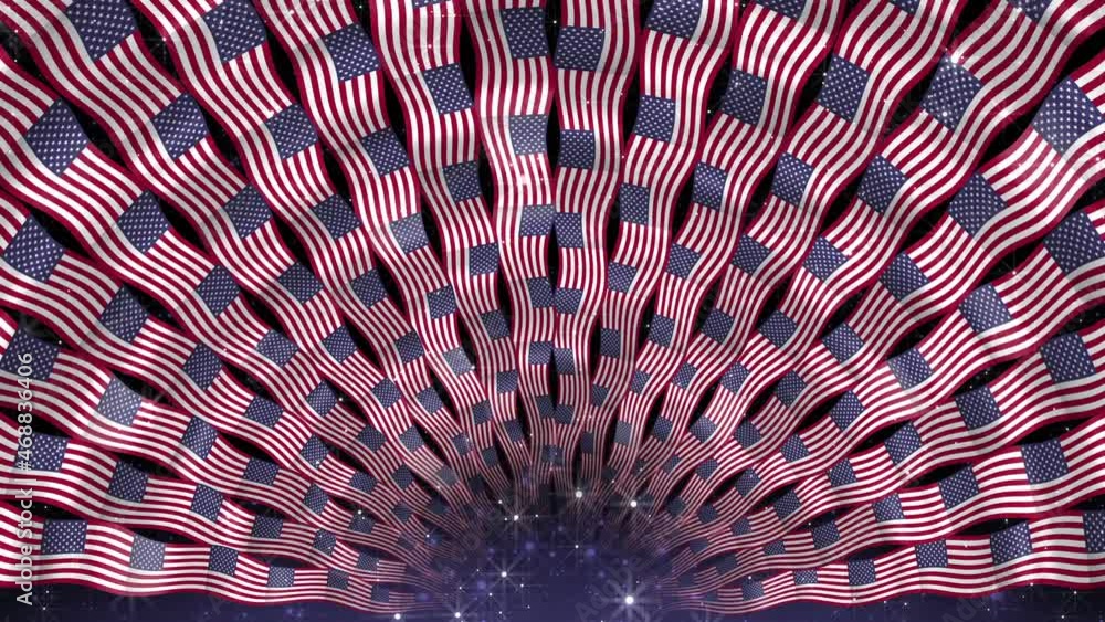 American background. Ribbons of waving country flags. Syvolic arch with ...