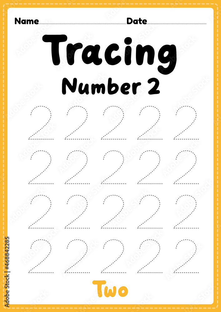 Tracing number 2 worksheet for kindergarten, preschool and Montessori ...