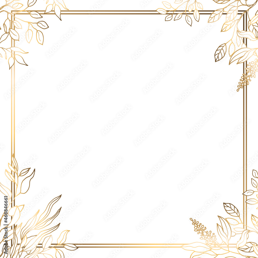 Square gold frame made of golden flowers, branches and herbs on a white ...