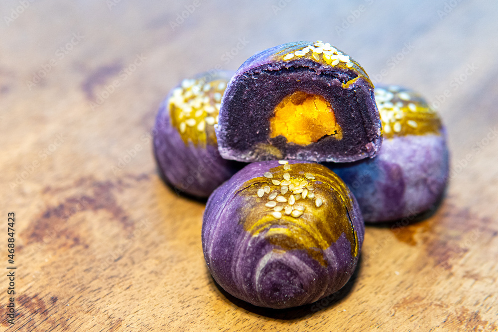 Purple Sweet Potato Pastry with Salted Egg and Sesame Seeds Stock Photo ...