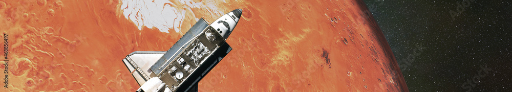 Flying space shuttle close to the Mars planet of solar system. North ...