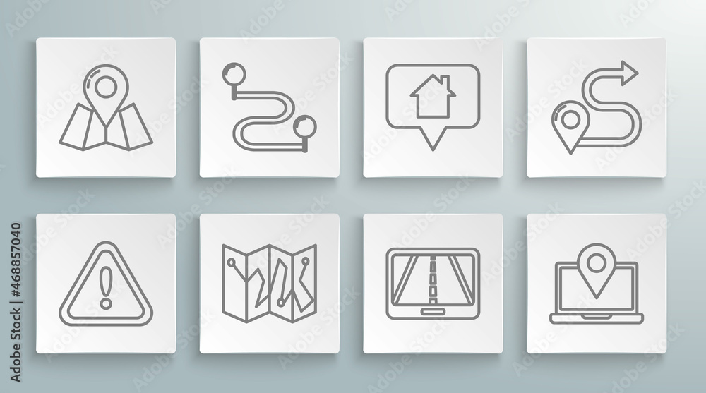 Set line Exclamation mark in triangle, Route location, Folded map with marker, Infographic of ...