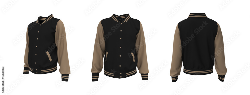Baseball jacket mockup in front, side and back views. 3d illustration ...