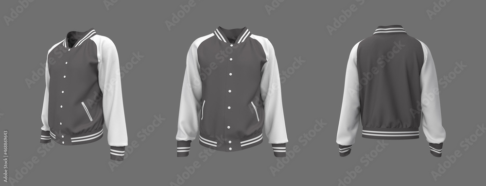 Baseball jacket mockup in front, side and back views. 3d illustration ...
