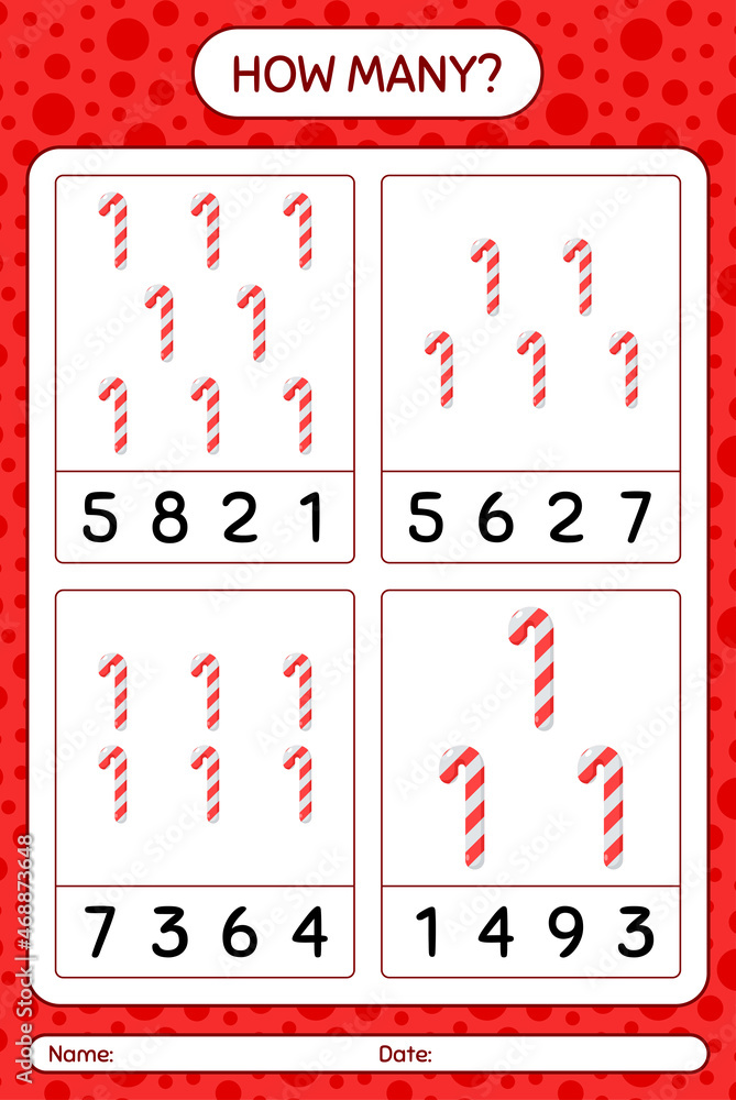 How many counting game with candy cane. worksheet for preschool kids ...