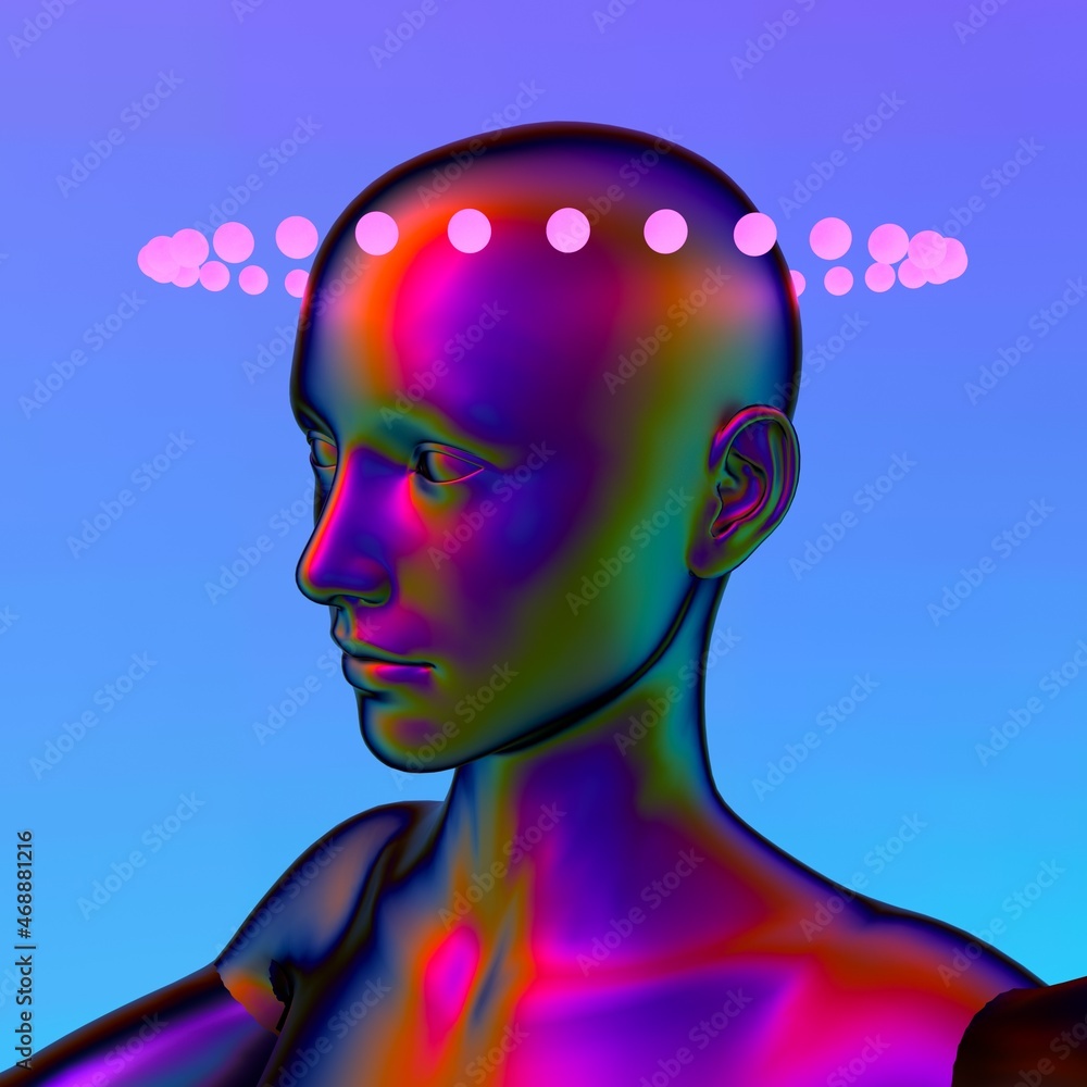 3D illustration of an alien-looking bald woman with a holographic skin ...