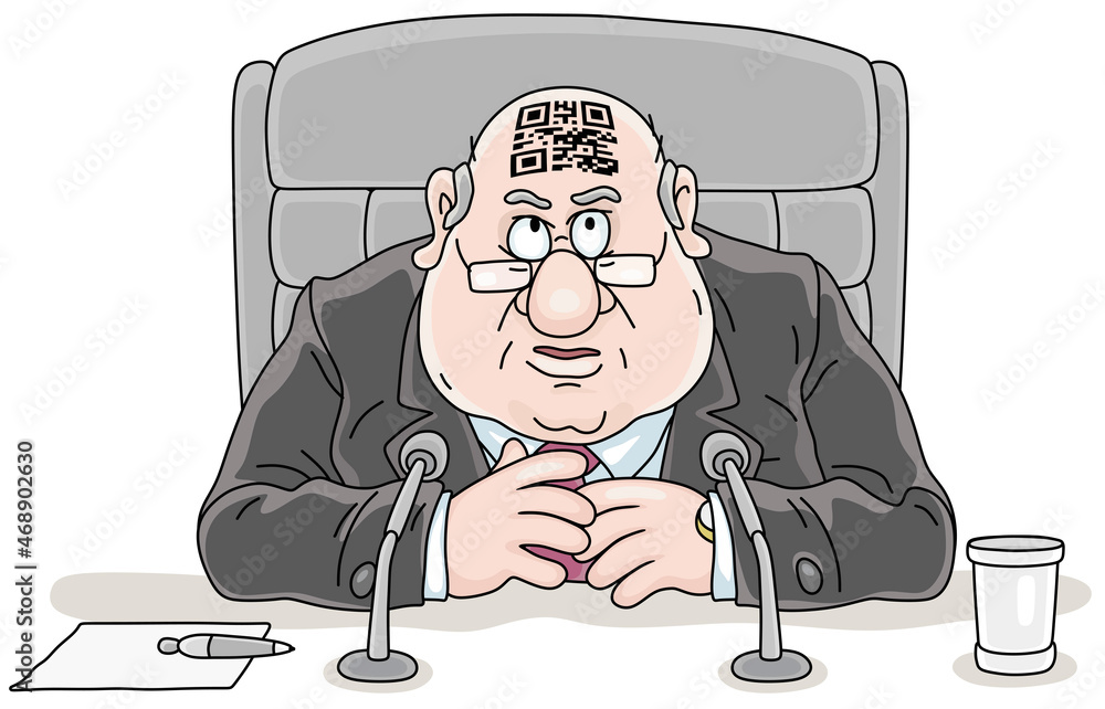 Angry government official with a QR code on his forehead sitting at his ...