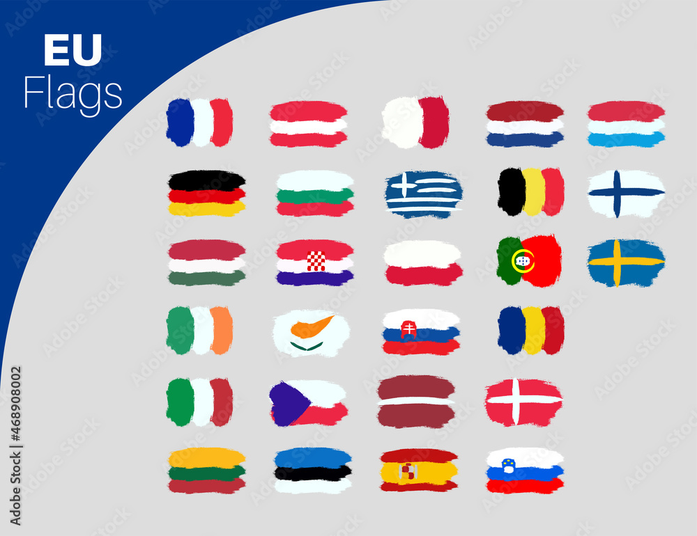 Colorful brush strokes painted european union countries flags icons set ...