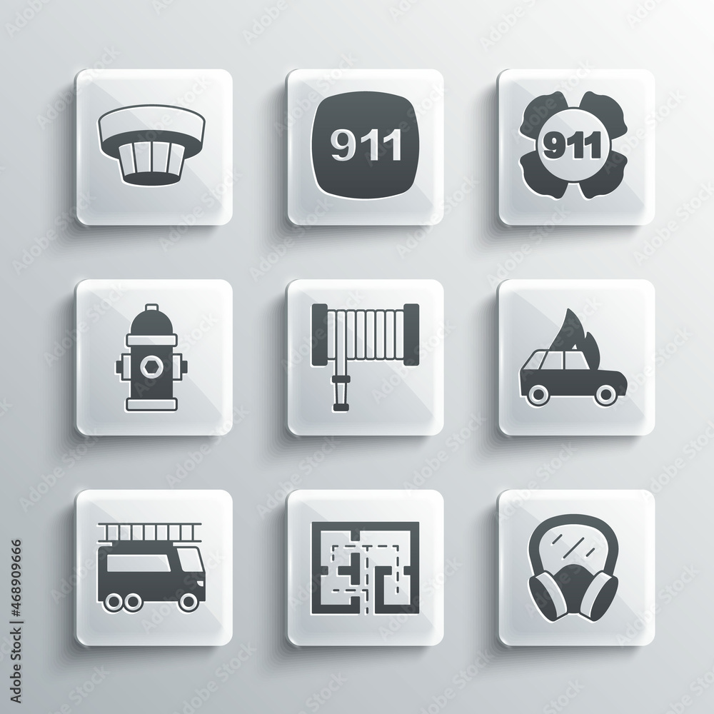 Set Evacuation plan, Gas mask, Burning car, Fire hose reel, truck ...