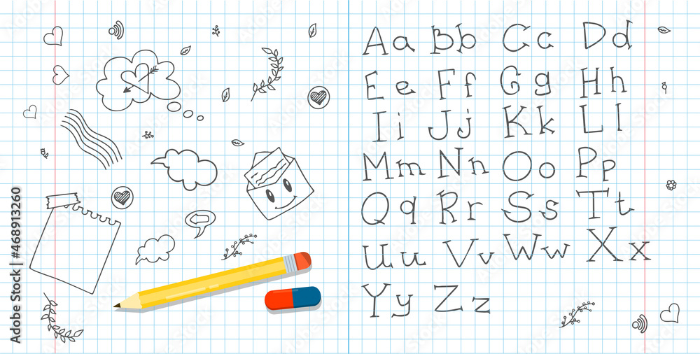Vector handwritten font. Sketch with the English alphabet. Isolated ...