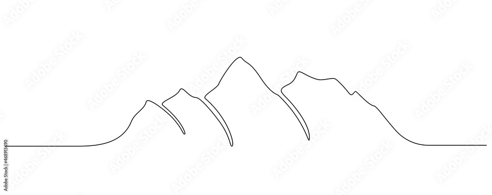 One continuous line drawing of mountain range landscape. Top view of ...